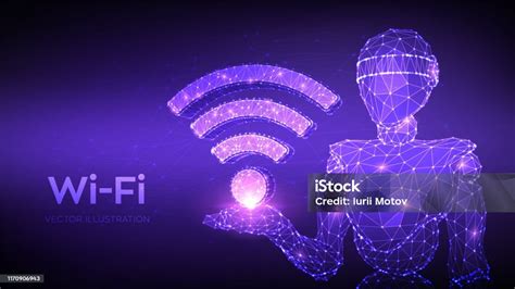 Wifi 낮은 폴리 추상 Wifi 기호입니다 Wlan 액세스 무선 핫스팟 신호 기호 모바일 연결 영역입니다 데이터 전송 와이파이 아이콘을 들고 추상 3d 낮은 다각형 로봇