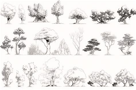 Premium AI Image Minimal Style Cad Tree Line Drawing Side View Set Of Graphics Trees Elements