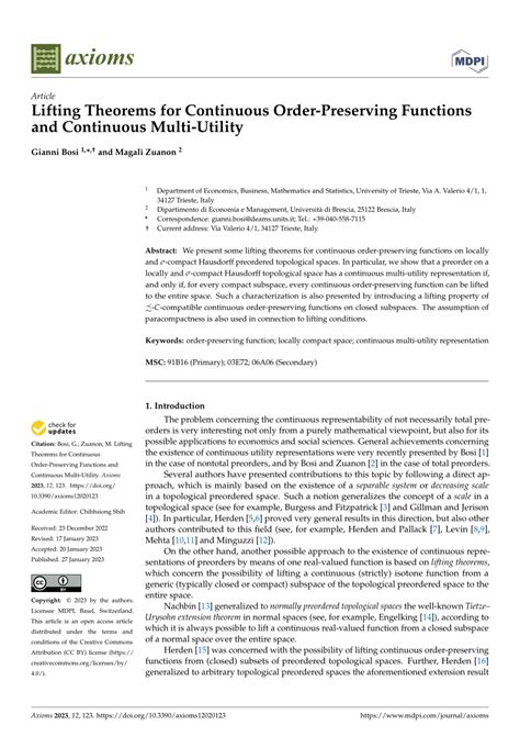 Pdf Lifting Theorems For Continuous Order Preserving Functions And Continuous Multi Utility