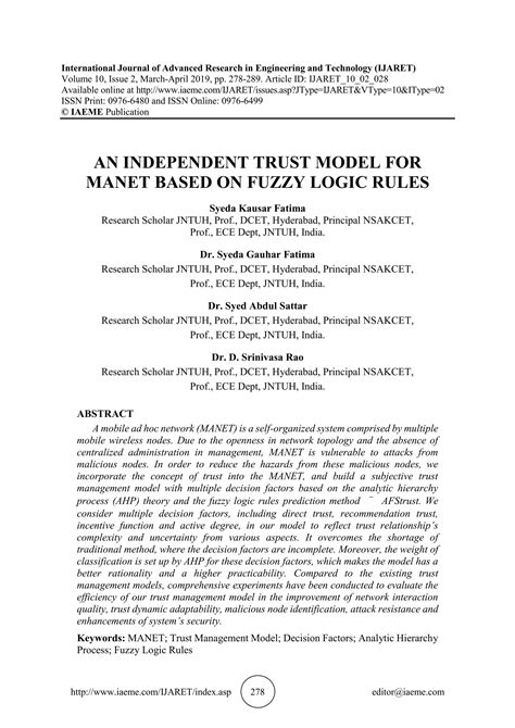 An Independent Trust Model For Manet Based On Fuzzy Logic Rules Pdf