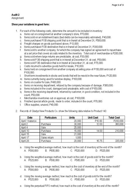 assignment inventory problems page 1 of 3 audit 2 assignment show