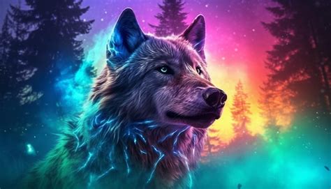Lobo En El Bosque Con Un Fondo De Arco Iris Ai Generative Foto Premium