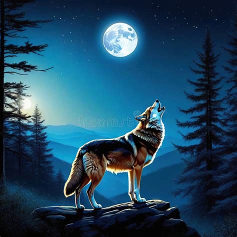 Midnight Howling Wolf On The Hill Silhouetted Art Stock Vector