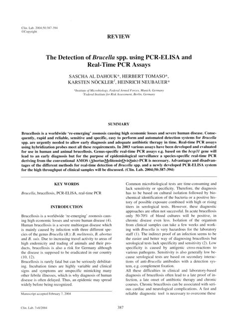 Pdf The Detection Of Brucella Spp Using Pcr Elisa And Real Time Pcr Assays