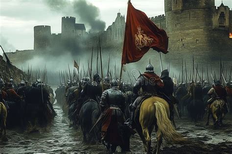 Armored Soldiers Advance With Banners During The Siege Of Calais In The