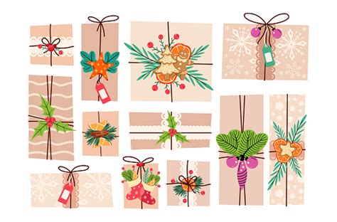 크래프트 종이 상자 세트에 크리스마스 선물 Diy 소박한 선물 공예 포장 꼬기 활 가지 0명에 대한 스톡 벡터 아트 및 기타