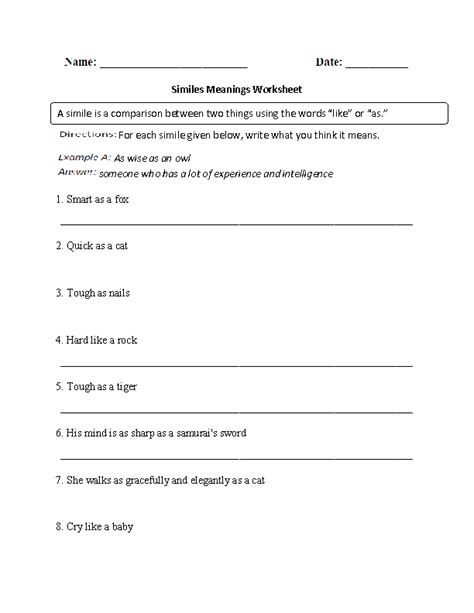 Similes Worksheets Free Printable Figurative Language Practice