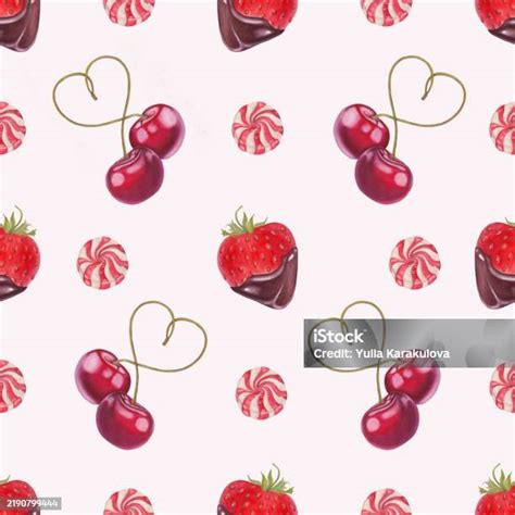 체리 초콜릿으로 덮인 딸기 캐러멜 사탕이 있는 수채화 원활한 패턴 0명에 대한 스톡 벡터 아트 및 기타 이미지 0명 귀여운 꽃 식물 Istock