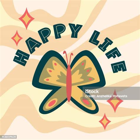 나비 히피와 레트로 보호 포스터 빈티지 70 년대 배경 히피 인쇄 일러스트레이션 레인보우 60 년대 70 년대 그루비 벡터 1960 1969 년에 대한 스톡 벡터 아트 및