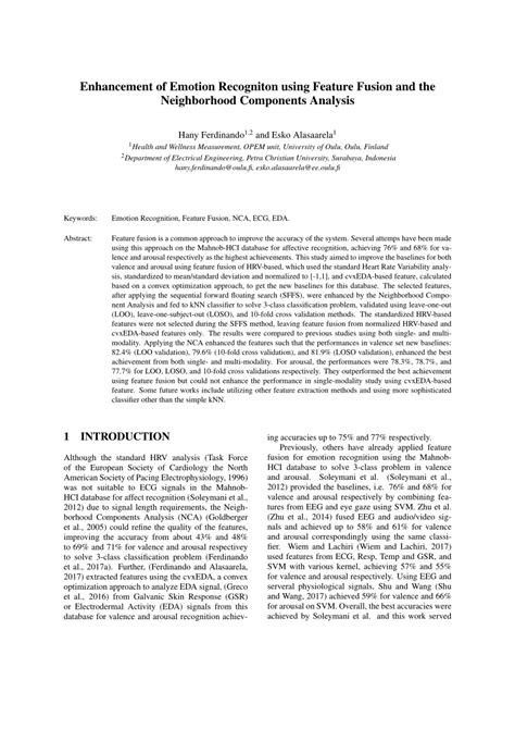 Pdf Enhancement Of Emotion Recogniton Using Feature Fusion And The