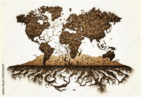 Map Of The World Made Of The Root Of An Old Tree To Show The Earthly Link That Unites The Whole