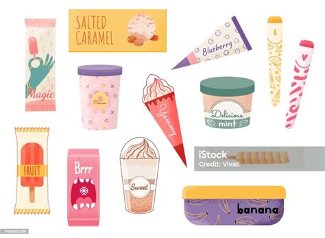 다른 유형의 아이스크림 아이콘의 벡터 컬렉션 스틱에 아이스크림 콘에 아이스크림 냉동 아이스 캔디 부분 차가운 디저트 아이스크림에 대한 스톡 벡터 아트 및 기타 이미지
