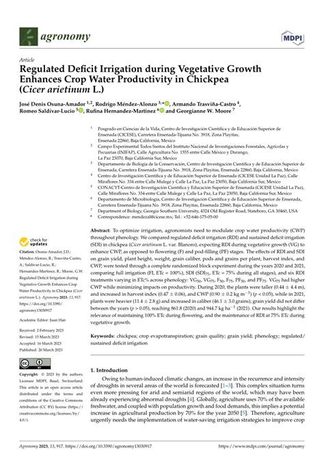 Pdf Regulated Deficit Irrigation During Vegetative Growth Enhances