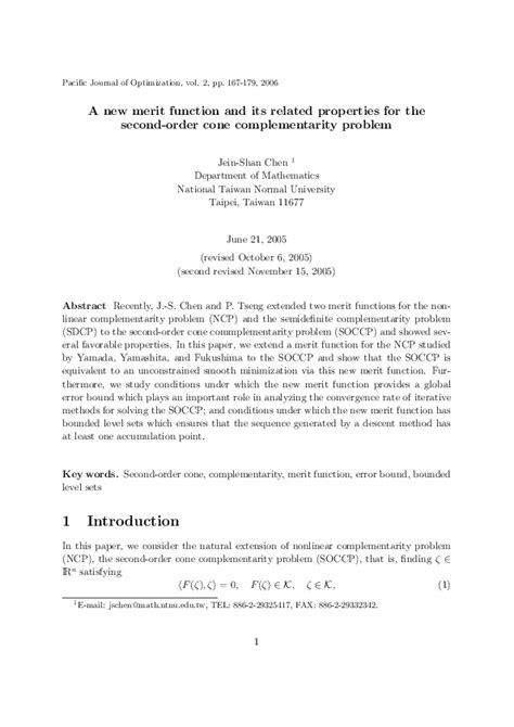 Pdf A New Merit Function And Its Related Properties For The Second Order Cone Complementarity