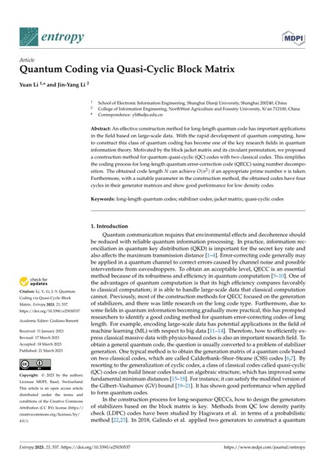 Pdf Quantum Coding Via Quasi Cyclic Block Matrix