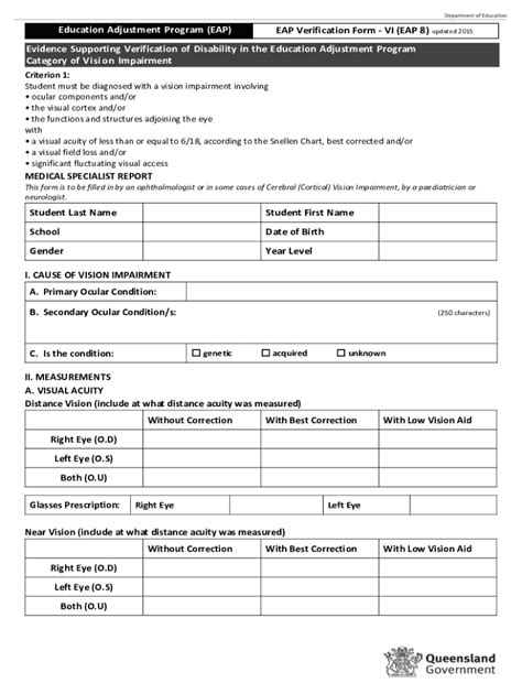 Fillable Online Education Qld Gov Eap Verification Form Vision