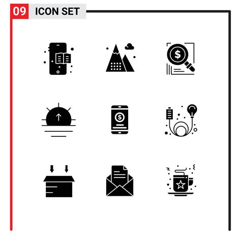 Set Of 9 Vector Solid Glyphs On Grid For Mobile Money Weather Dollar Sunrise Nature Editable