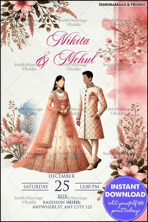 Pink Floral Indian Wedding Bannersign With A Couple Illustration In