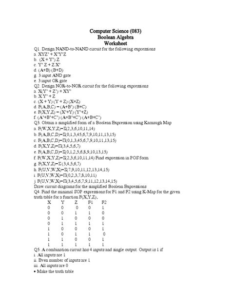 Computer Science 083 Boolean Algebra Worksheet Pdf Theory Of
