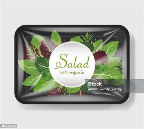 셀로판 커버와 플라스틱 트레이 컨테이너에 샐러드 잎의 혼합 디자인에 대 한 모의 광고 템플릿입니다 플라스틱 식품 용기 벡터 일러스트입니다 개체 그룹에 대한 스톡 벡터 아트