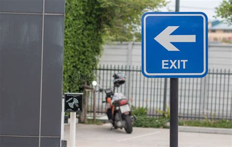Blue Exit Sign Metal Exit Sign Parking Exit In Condo Symbol Copy Space Stock Photo Image