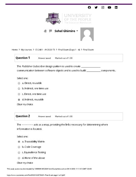 CS Final Exam Page Of Question Answer Saved Marked Out Of The Publisher