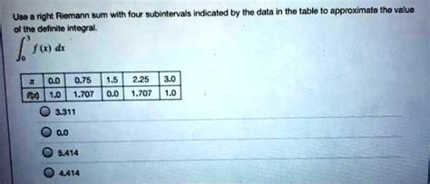 Uee Rght Riemann Sum Wth Four Subintervals Indicated By The Data In The Table 0 Approximate The