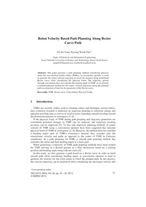 pdf robot velocity based path planning along bezier curve