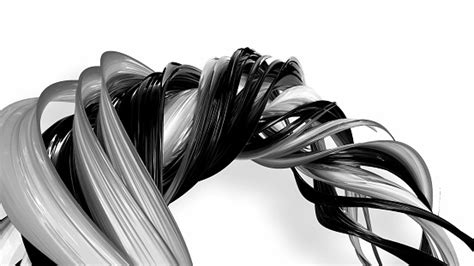 3d 렌더 흑백 리본 링에 곡선 및 트위스트 줄무늬 사탕 또는 압 연 플라스틱 선물 리본 처럼 반짝이 재미 있는 3d 추상적 인 그림 흰색 바탕에 아름 다운 라인 3 0명에