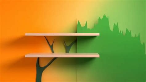 벽에 장착된 3d 선반은 3d 렌더링 그림에서 녹색 및 주황색 배경 여름 제품 목업 배경에 대해 나무 그림자를 드리웁니다 자연 연단 천연 제품 화장품 연단 배경