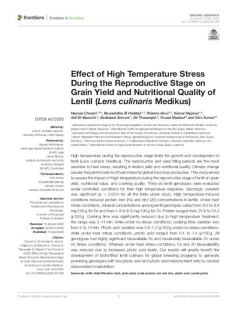 Effect Of High Temperature Stress During The Reproductive Stage On Grain Yield And Nutritional