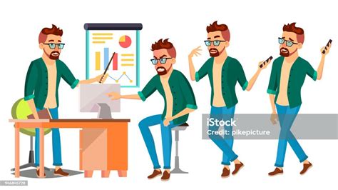 비즈니스 사람 문자 벡터입니다 Hipster 남성 작업입니다 환경 프로세스입니다 시작 합니다 캐주얼 의류입니다 노동자입니다 전체