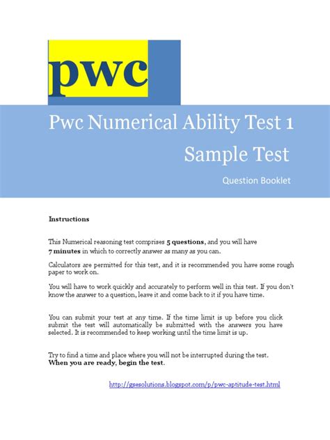 Pwc Numerical Ability Test 1 Sample Test Question Booklet Pdf Business