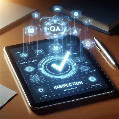 Tablet With Holographic Ai Qa Icons On Minimalist Desk Setup Photo