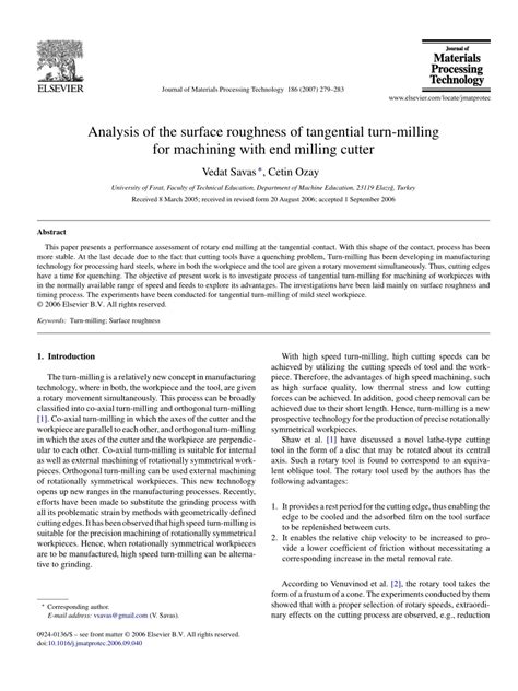 Pdf Analysis Of The Surface Roughness Of Tangential Turn Milling For Machining With End