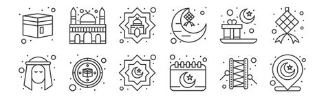 선형 이슬람과 라마단 아이콘 의 12 세트 같은 무슬림 달력 Qibla 선물 모스크 웹 모바일 모스크와 같은 얇은 윤곽 아이콘 0명에 대한 스톡 벡터 아트 및 기타 이미지