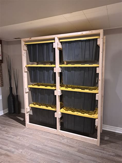 Tote Storage Rack Diy Plans 102l Totes Garage Organization Basement Storage Tool Compartments