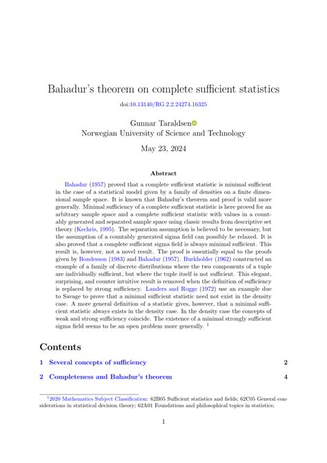Pdf Bahadurs Theorem On Complete Sufficient Statistics