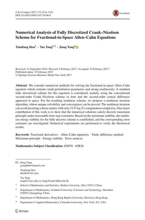 Pdf Numerical Analysis Of Fully Discretized Cranknicolson Scheme For Fractional In Space