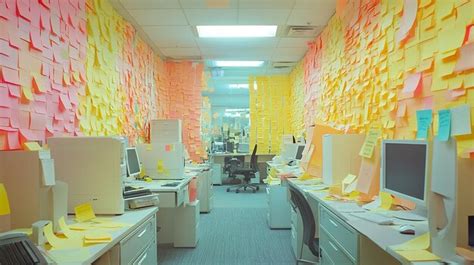 An Undulating Office Space Covered Entirely In Sticky Postit Notes Premium Ai Generated Image