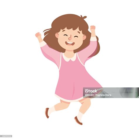 행복한 소녀 점프 와 기쁨 과 손 올라 응원 과 데 재미 벡터 일러스트 개념에 대한 스톡 벡터 아트 및 기타 이미지 개념 귀여운 긍정적인 감정 표현 Istock