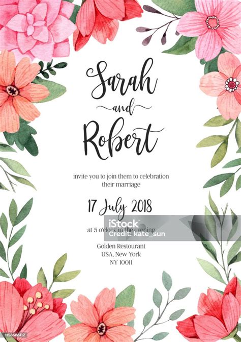 손으로 그린 수채화 그림입니다 녹색 가지 꽃과 잎 식물 직사각형 결혼식 초대장 여름 꽃 무늬 요소 초대장 카드 인쇄물 포스터에 적합 청첩장에 대한 스톡 벡터 아트 및 기타