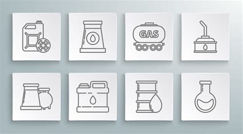 세트 라인 석유 및 가스 산업 공장 건물 모터 기계 오일용 캐니스터 배럴 시험관 플라스크 가스 철도 수조 및 부동액 캐니스터 아이콘 벡터 0명에 대한 스톡 벡터 아트 및