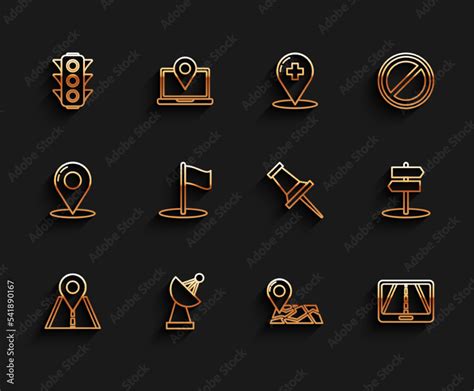 Set Line Road Traffic Sign Radar Traffic Light Folded Map With Location Marker Infographic