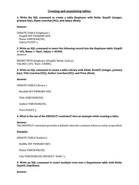 Creating And Populating Tables Pdf Integer Computer Science Sql