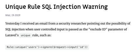 Laravel 585でfixされた Unique Rule Sql Injection Warning について調べてみた Endo Tech Blog