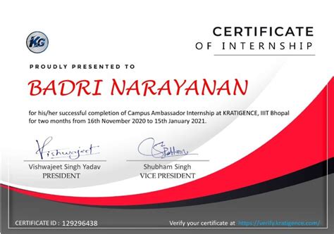 Badri Narayanan On Linkedin Internship Kratigence Campusambassadors