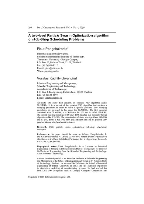 Pdf A Two Level Particle Swarm Optimization Algorithm On Job Shop Scheduling Problems