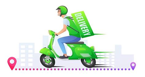 녹색 빠른 배달 복고풍 스쿠터 오토바이 빨간색과 보라색 핀과 흰색 배경에 건물이 있는 택배로 오토바이 디자인 전단지 포스터 배너 웹 광고에 대 한 벡터 일러스트 레이 션