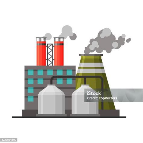 สารเคมีไฟฟ้าหรือโรงกลั่น อาคารโรงงานอุตสาหกรรมที่มีปล่องไฟสูบบุหรี่ มลพิษสิ่งแวดล้อมภา ภาพประกอบ